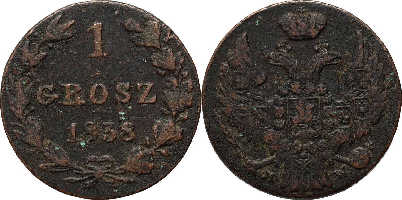 RUSSIAN PARTITION OF POLAND 1 Grosz 1838 MW Nicholas I, Warsaw VF+ | MA ...