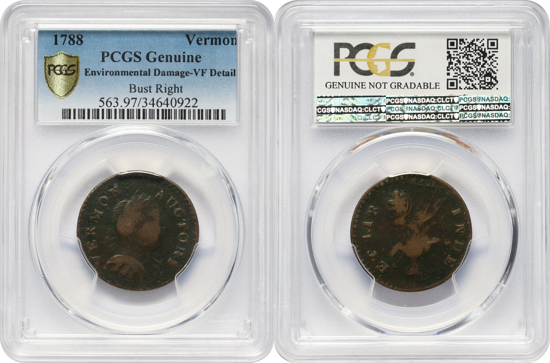 USA Vermont 1788 Bust right PCGS Genuine - VF Details (97 - Environmental Dam | MA-Shops