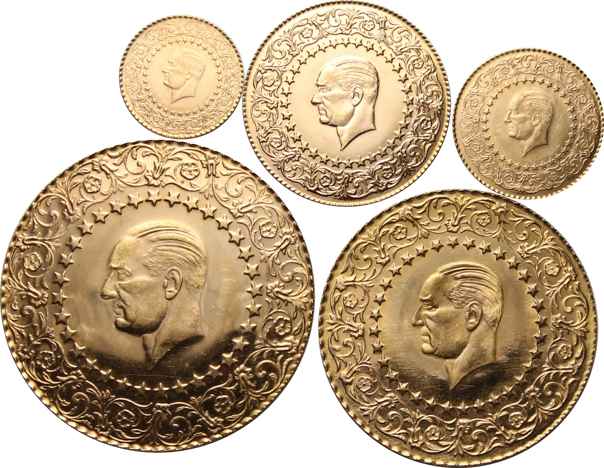 TURKEY 25 Kurus to 500 Kurus Set of 5 gold coins, Death of Kemal ...