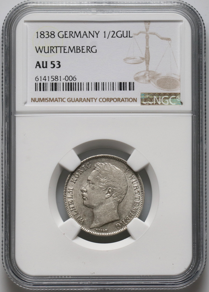 GERMANY (WÜRTTEMBERG) ½ Gulden 1838 Wilhelm I NGC AU 53 | MA-Shops