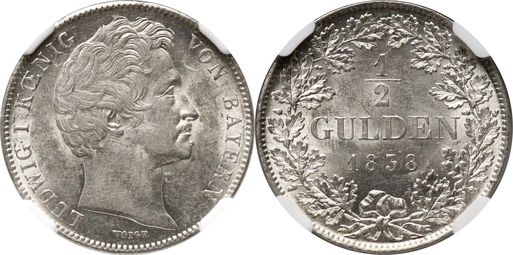 GERMANY (BAVARIA) ½ Gulden 1838 Ludwig I NGC AU 58 | MA-Shops