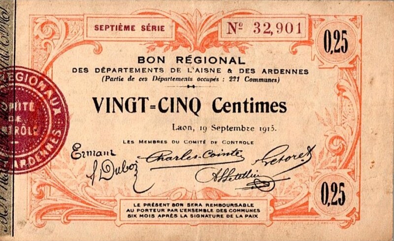 France AISNE ET ARDENNES - REGIONAL GOOD - 25 CENTIMES - SEPTEMBER 19 ...