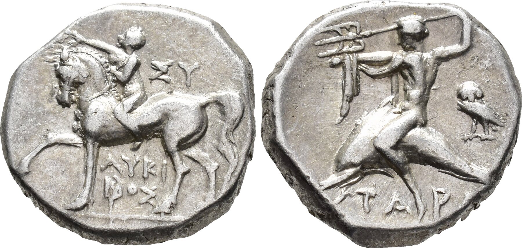 GREEK WORLD Didrachm or Nomos CALABRIA. Tarentum, ca. 272-240 BC. Sy ...