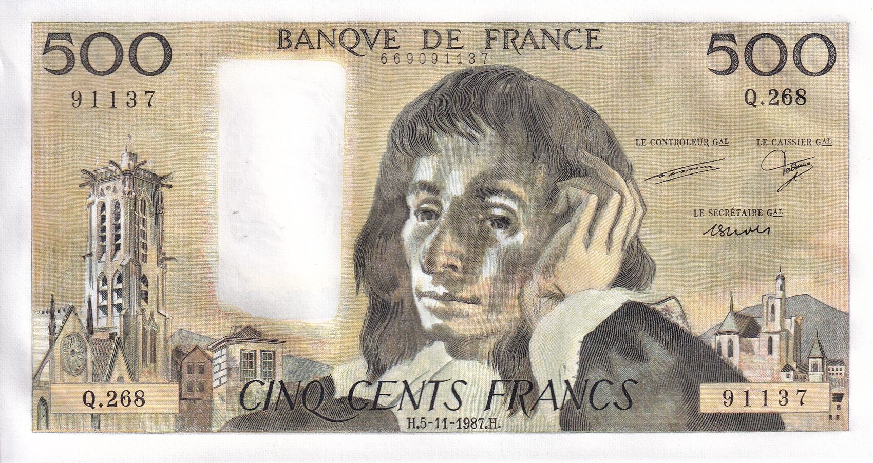 France 1987 500 Francs - Pascal - 05-11-1987 - Serial Q.268 - P.156 UNC ...