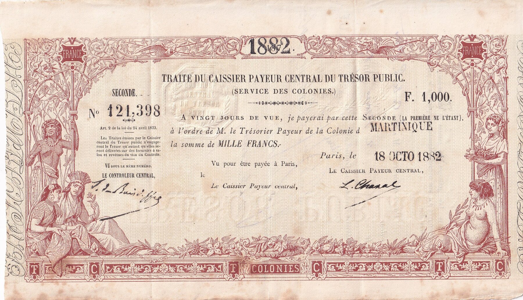Martinique 1882 1000 Francs - French colonial note - Sign. Chazal - 18 ...