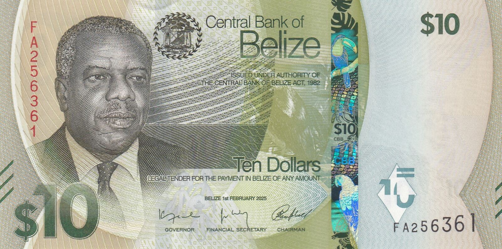 Belize 10 Dollars Philip Goldson - héron vert - 2025 - Série FA UNC ...