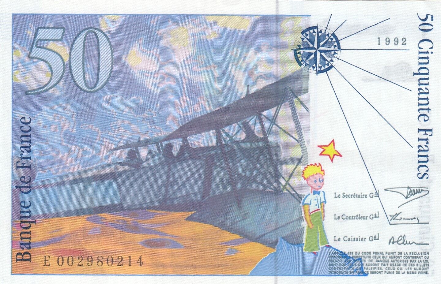 France 50 Francs - Saint-Exupéry - Watermark offset to the right - 1992 ...