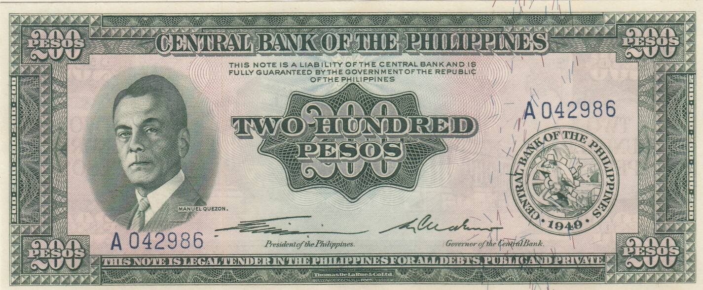 Philippines 200 Pesos - Manuel Quezon - 1949 - Series A UNC | MA-Shops