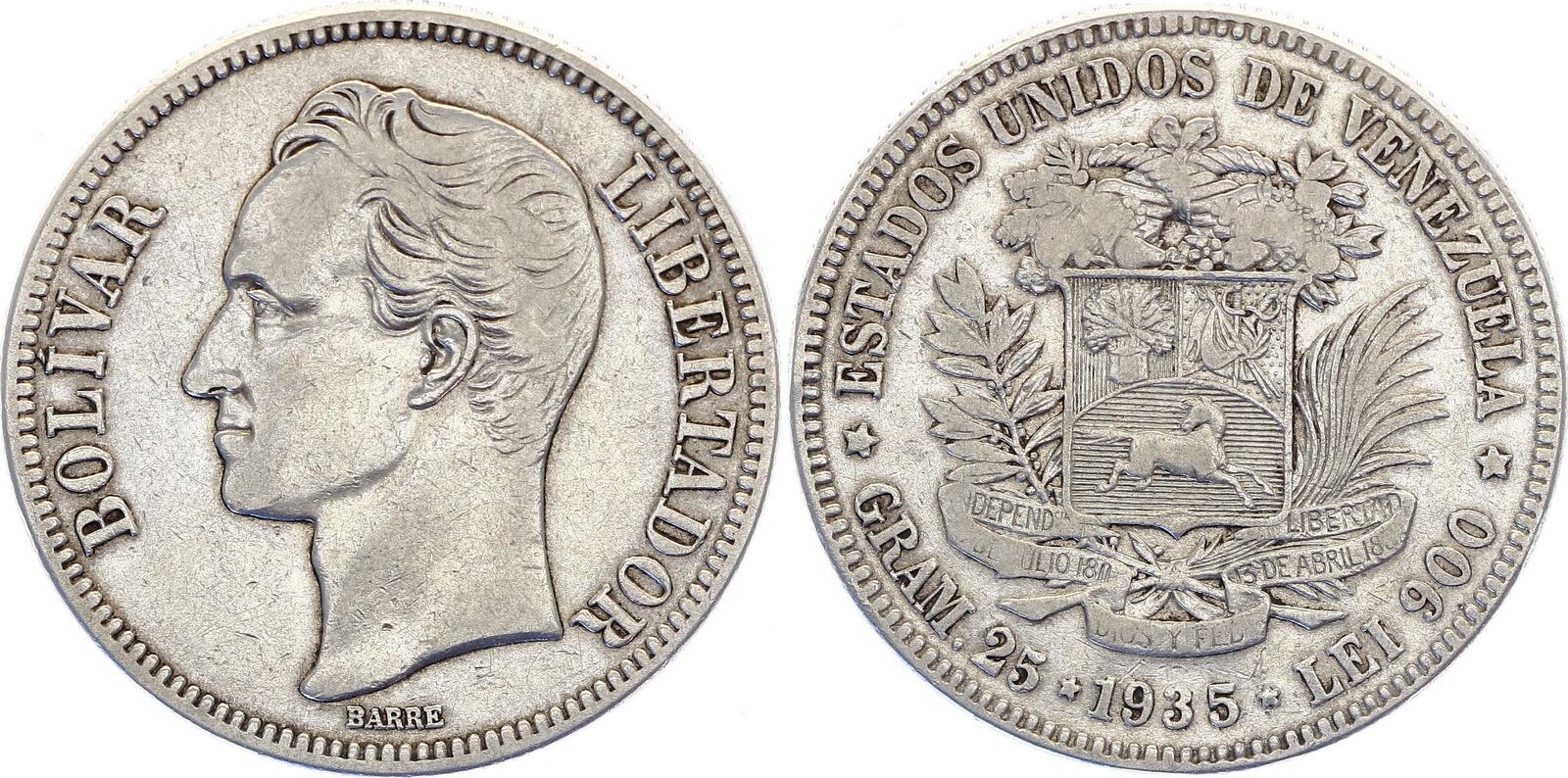 Venezuela 5 bolivares 1935 Y.23 2 Bolivares, Simon Bolivar - Gram 10 ...