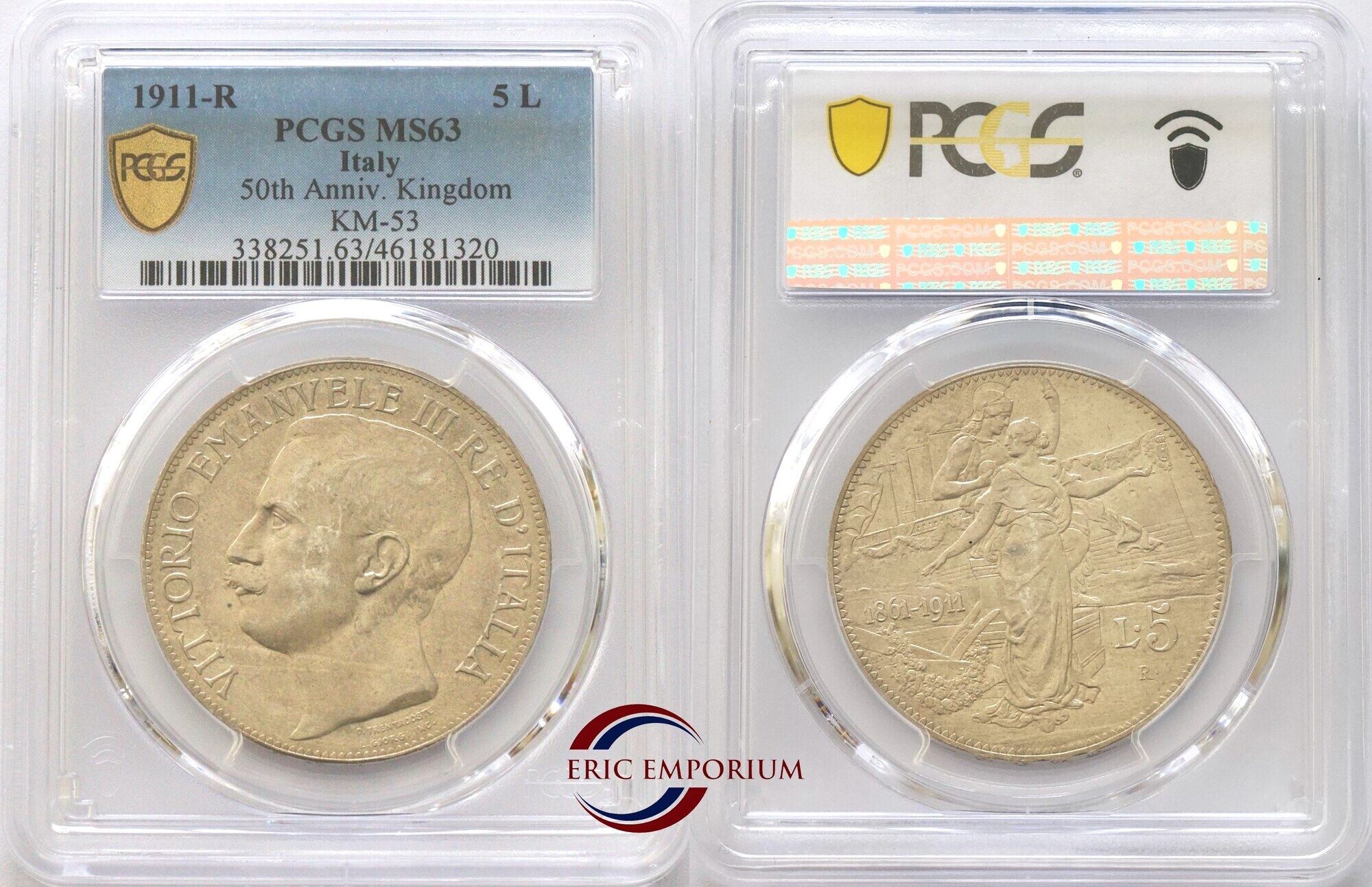 Italy 5 Lire 1911-R Vittorio Emanuele III PCGS MS63 | MA-Shops