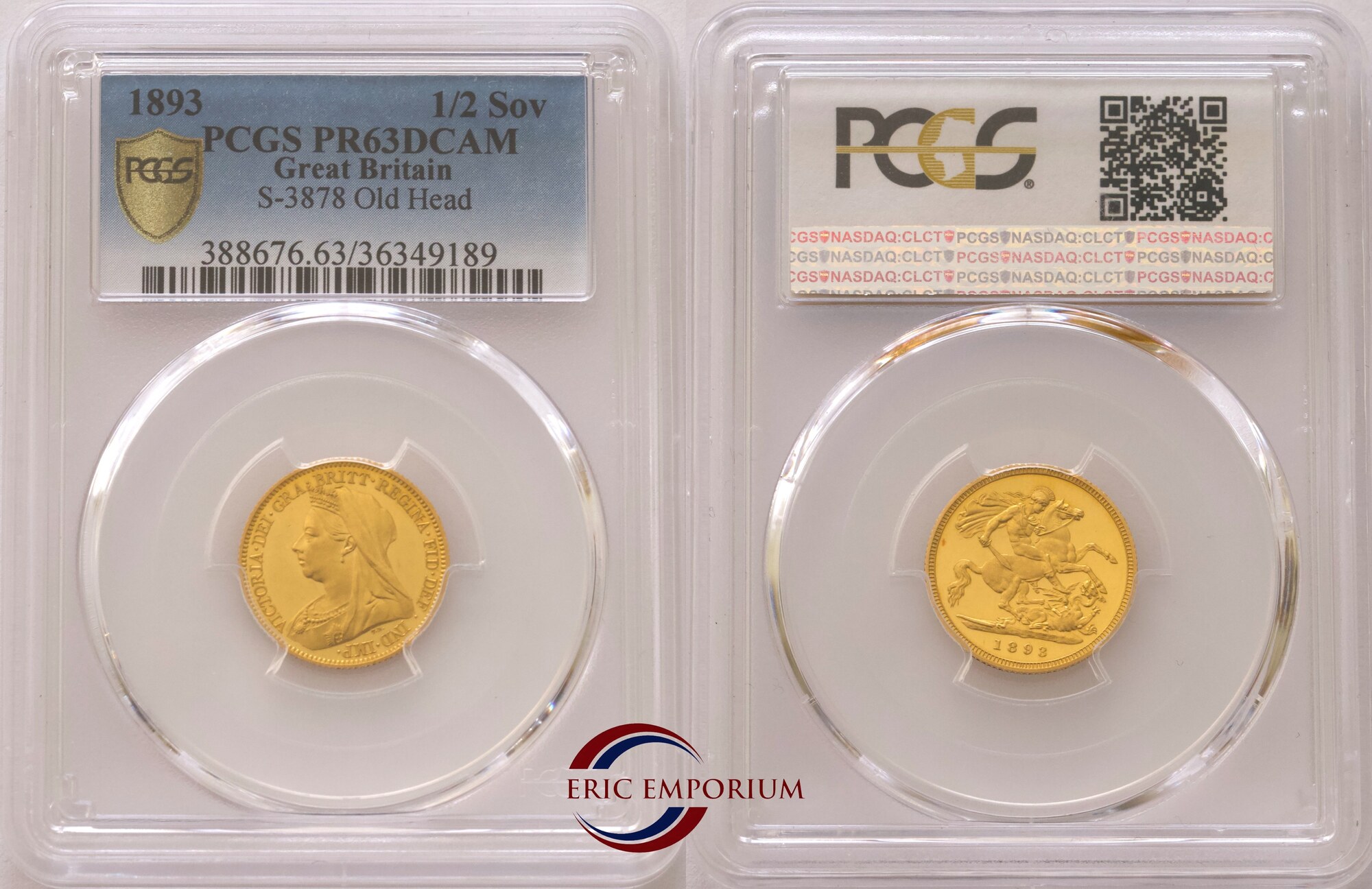 Great Britain 1/2 Sovereign 1893 Victoria PCGS PR63 Ultra Cameo | MA-Shops