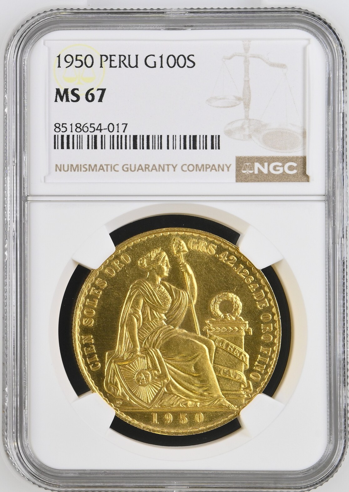 Peru 100 Soles 1950 Republic, Lima mint NGC MS67 Top Pop | MA-Shops