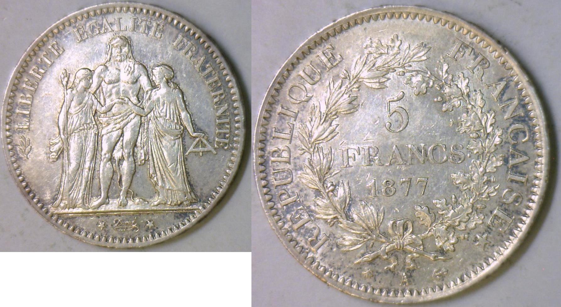 USA 1877-A France Silver Five Francs; Choice -Unc. AU | MA-Shops