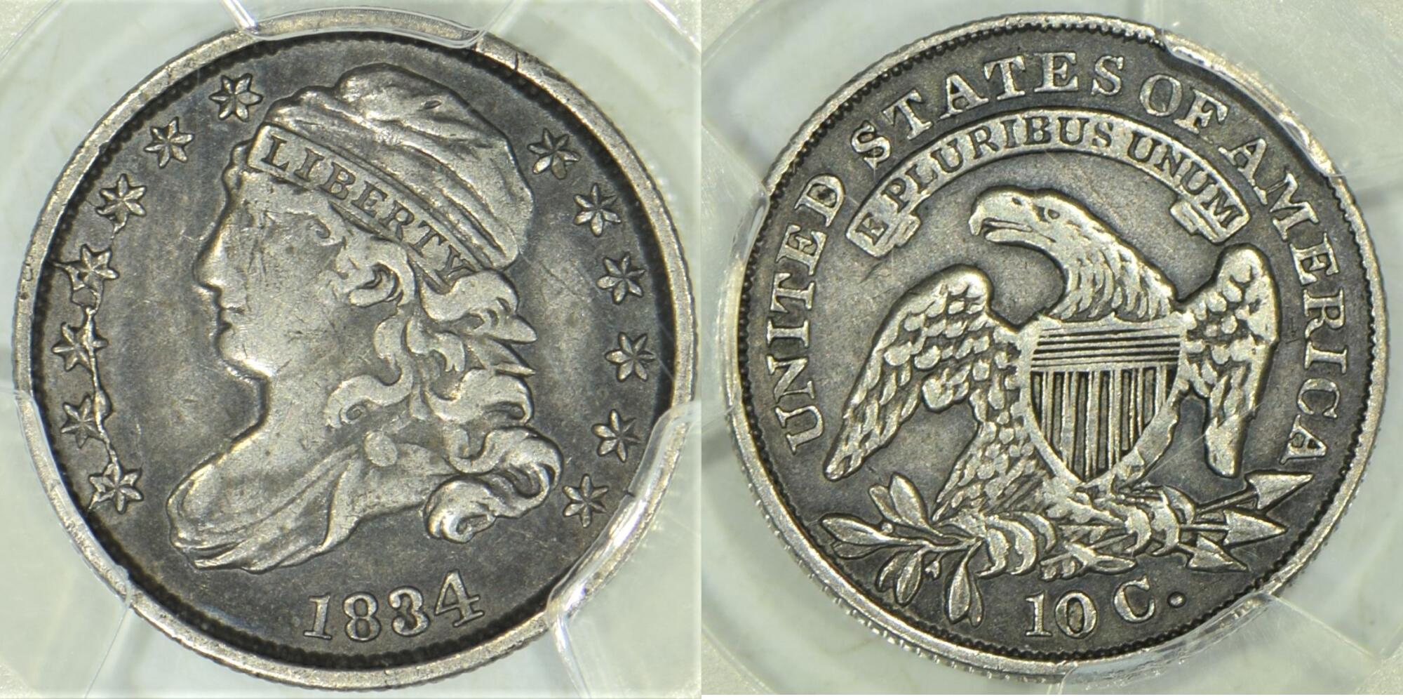 USA 1834 Capped Bust Dime PCGS VF-35; JR-3 Large 4; Rare Variety! | MA ...