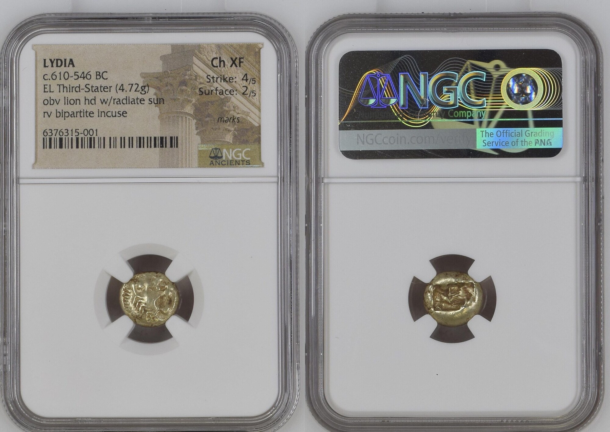 LYDIA EL Third-Stater c.610-546 BC NGC Ch XF Strike: 4/5 Surface: 2/5 ...