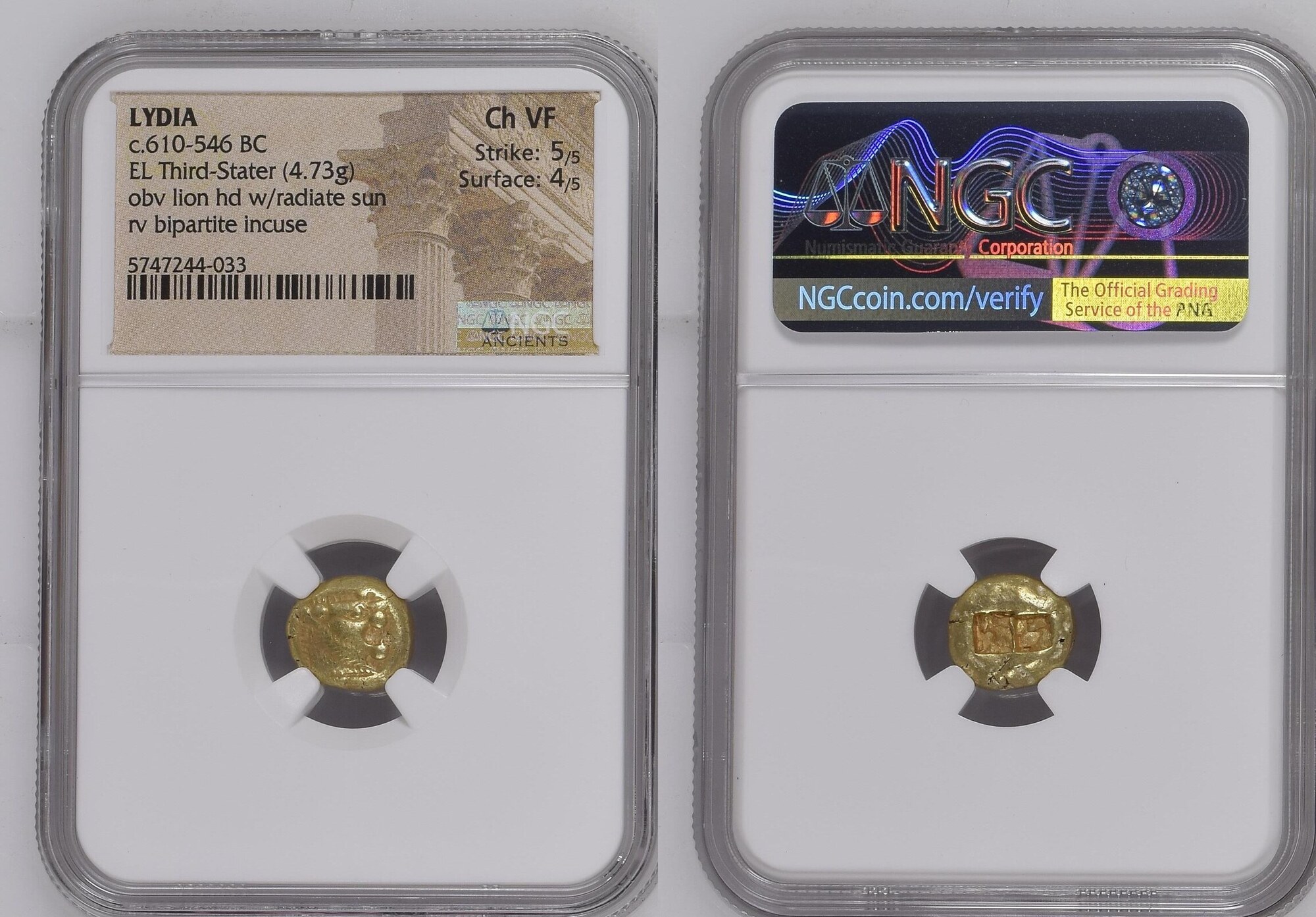 LYDIA EL Third-Stater c.610-546 BC NGC Ch VF Strike: 5/5 Surface: 4/5 ...