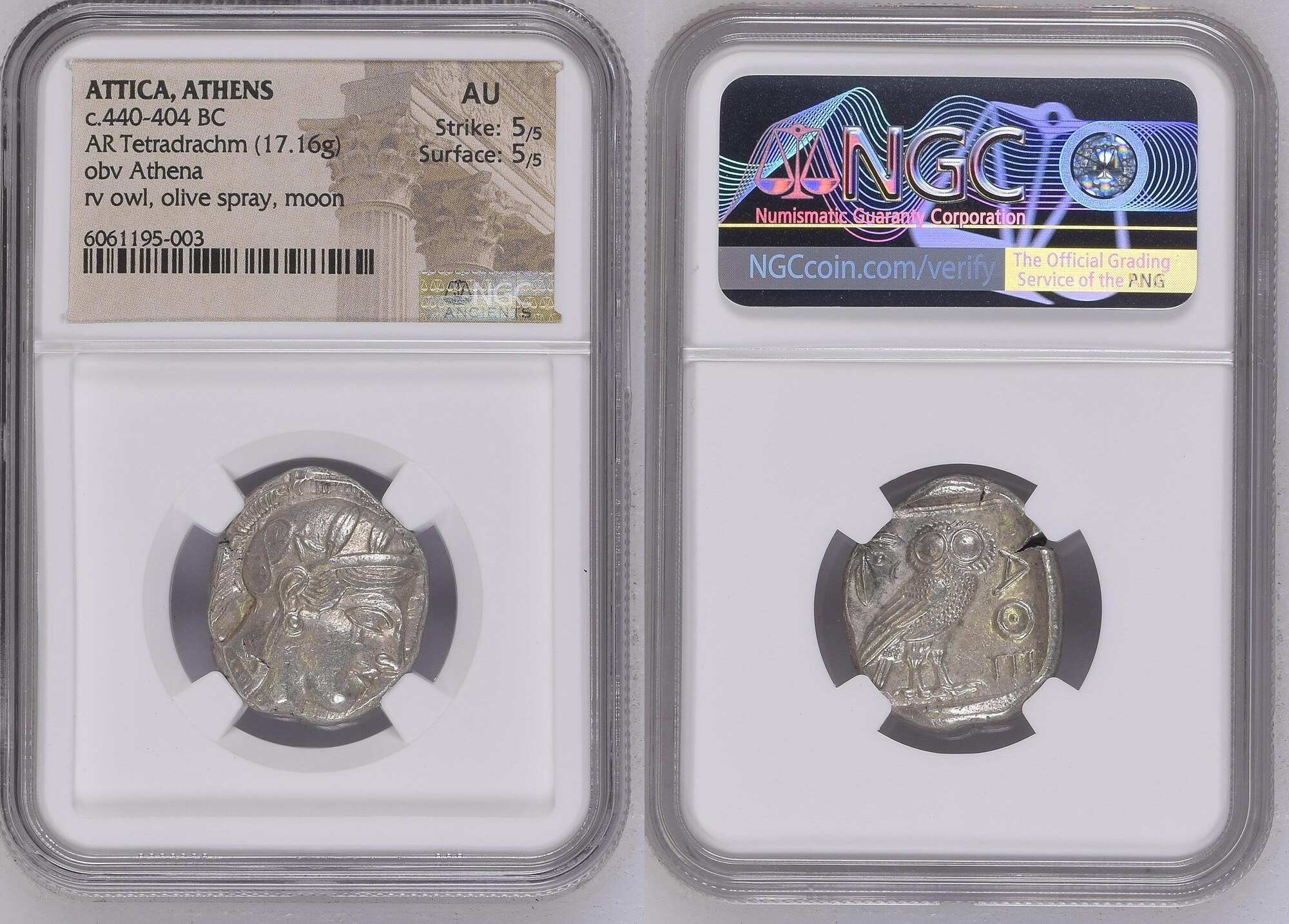 ATTICA, ATHENS AR Tetradrachm c.440-404 BC NGC AU Strike: 5/5 Surface ...