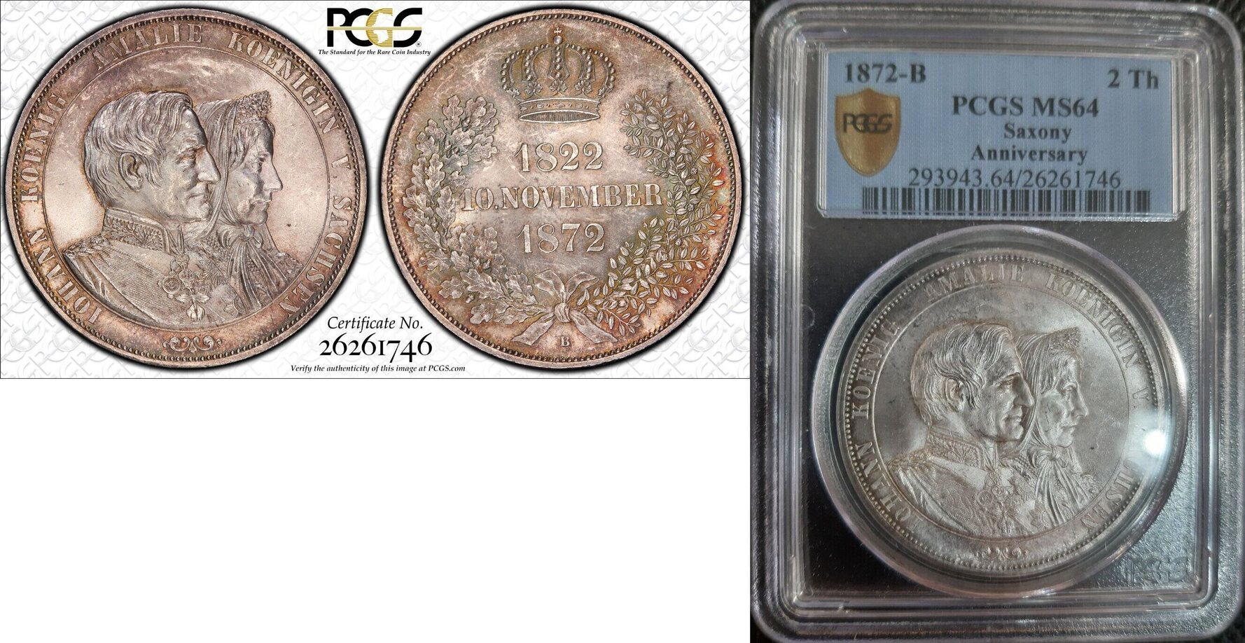 2 Thaler 1872 PCGS Saxony MS 64 Double Silver Coin Germany Rare With ...