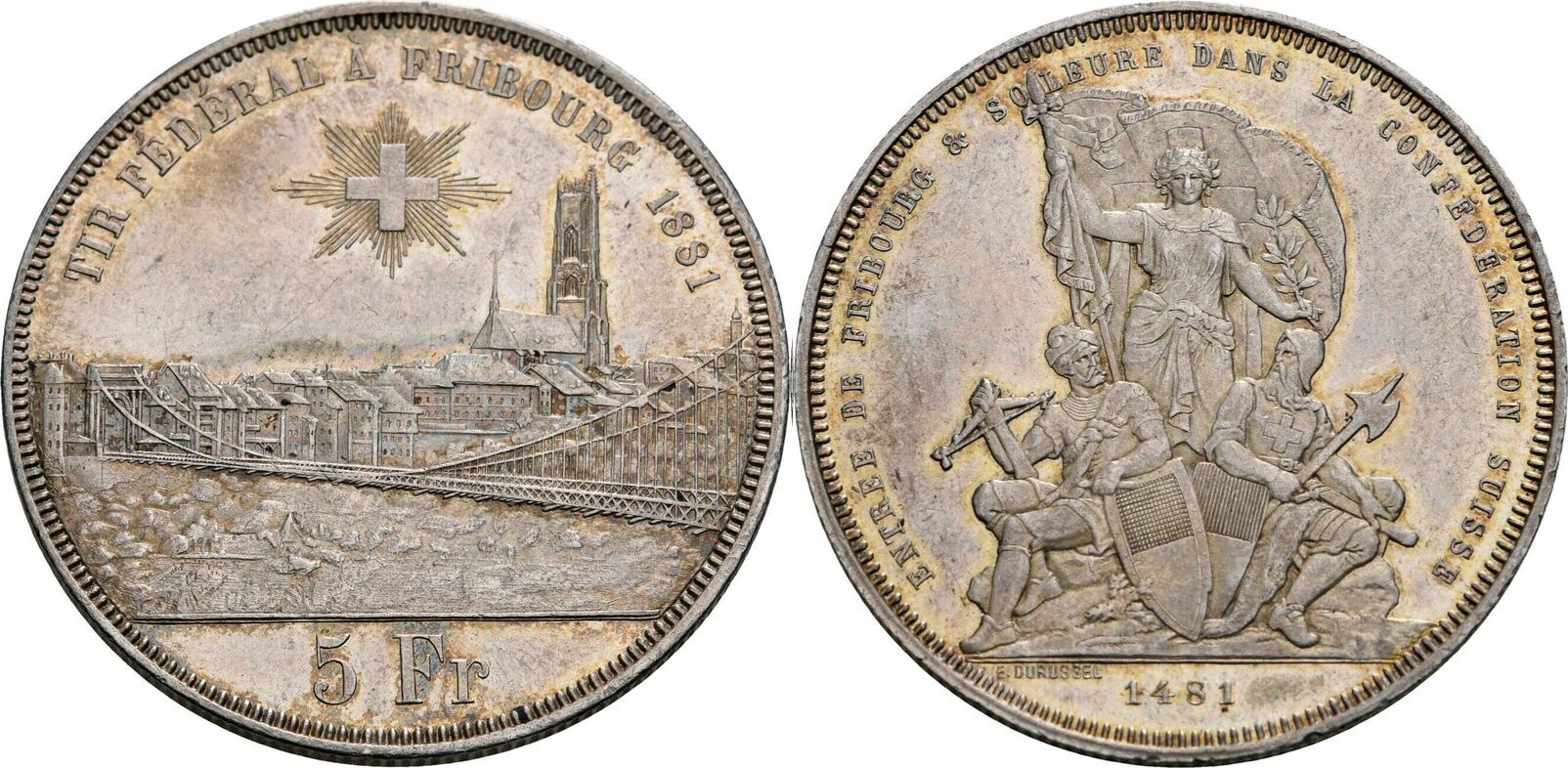 1 Thaler 1881 Switzerland Fribourg Shooting Silver 5 Francs City View ...