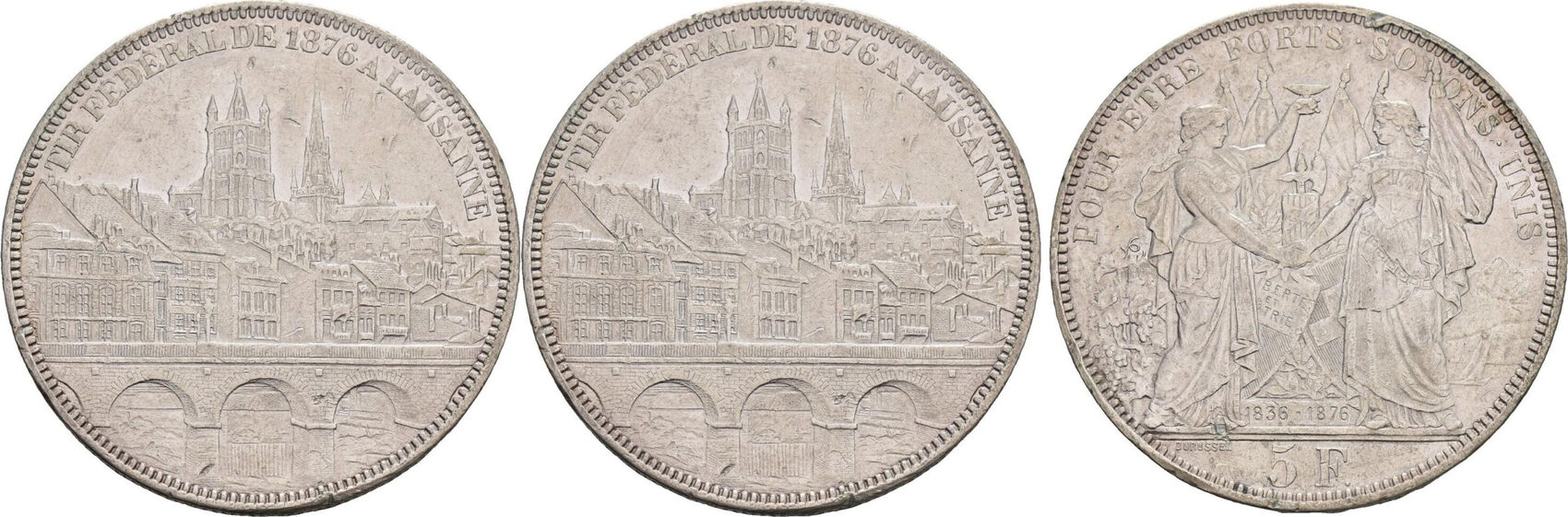 5 Francs 1876 Switzerland Lausanne Shooting Taler Silver City View Unc ...