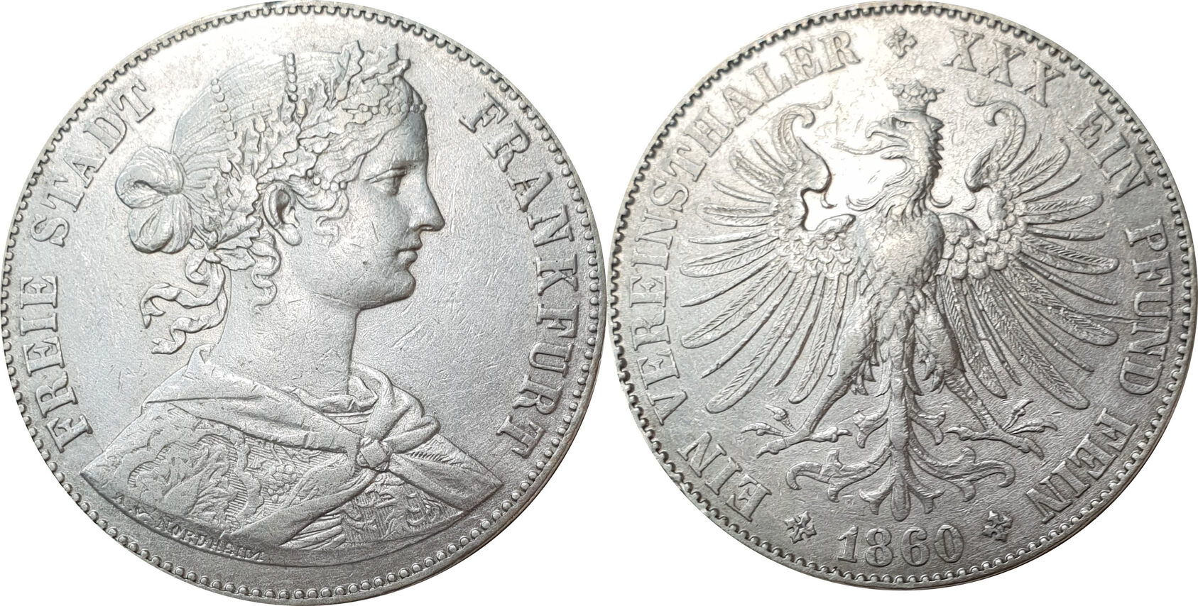 1 Thaler 1860 Frankfurt Silver Taler Coin Germany German State Rare ...