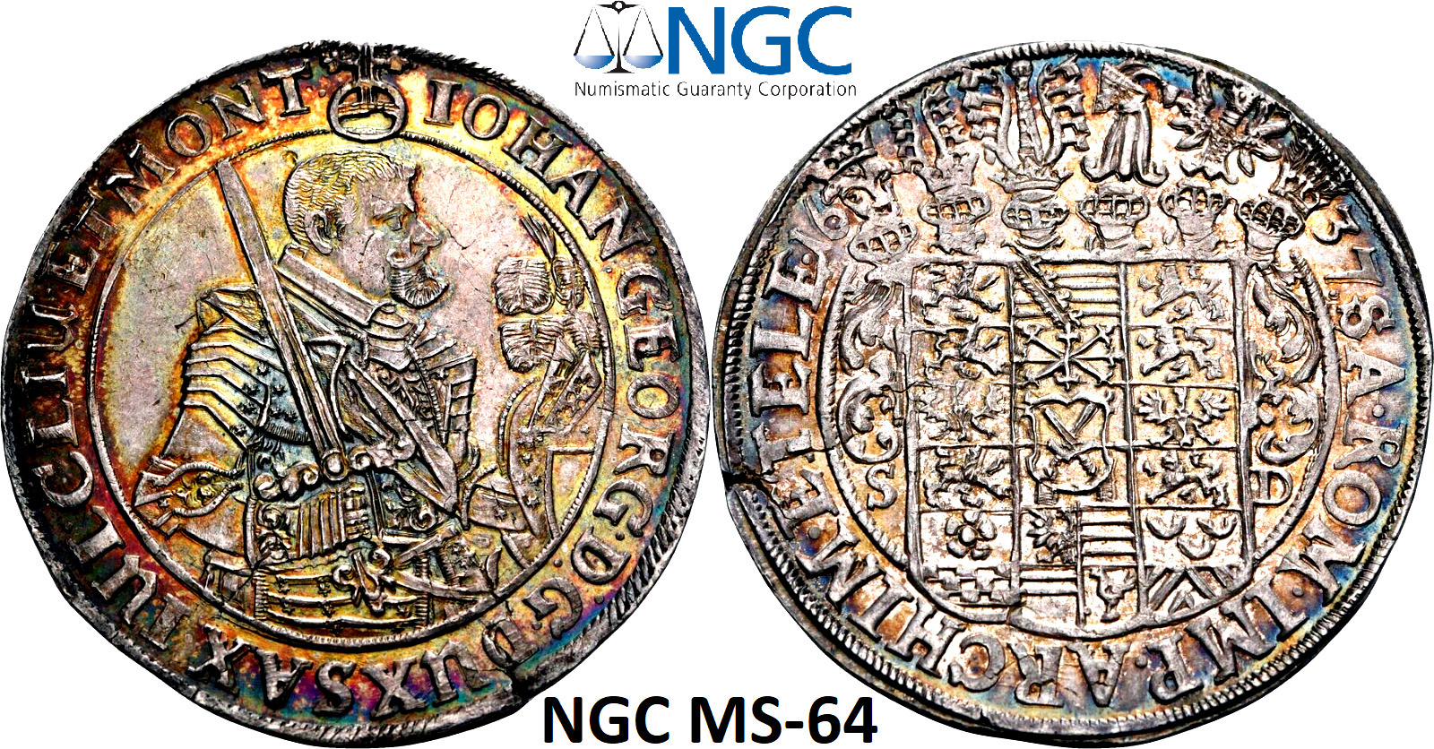 64 1 Thaler 1637 NGC Saxony MS Silver City View Coin Germany Colorful ...