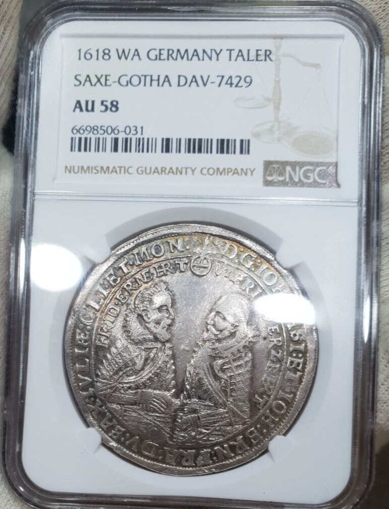 58 1 Taler 1618 NGC Saxe Old Gotha AU- Silver Knight Rider Coin Germany ...