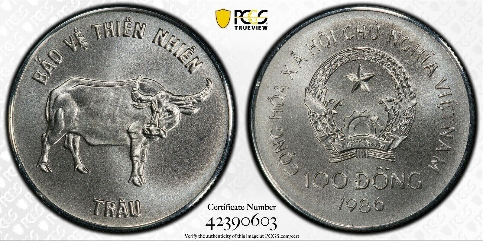 1986 VIETNAM SILVER 100 DONG UNC COIN YEAR KM#19 BUFFALO PCGS GRADING ...