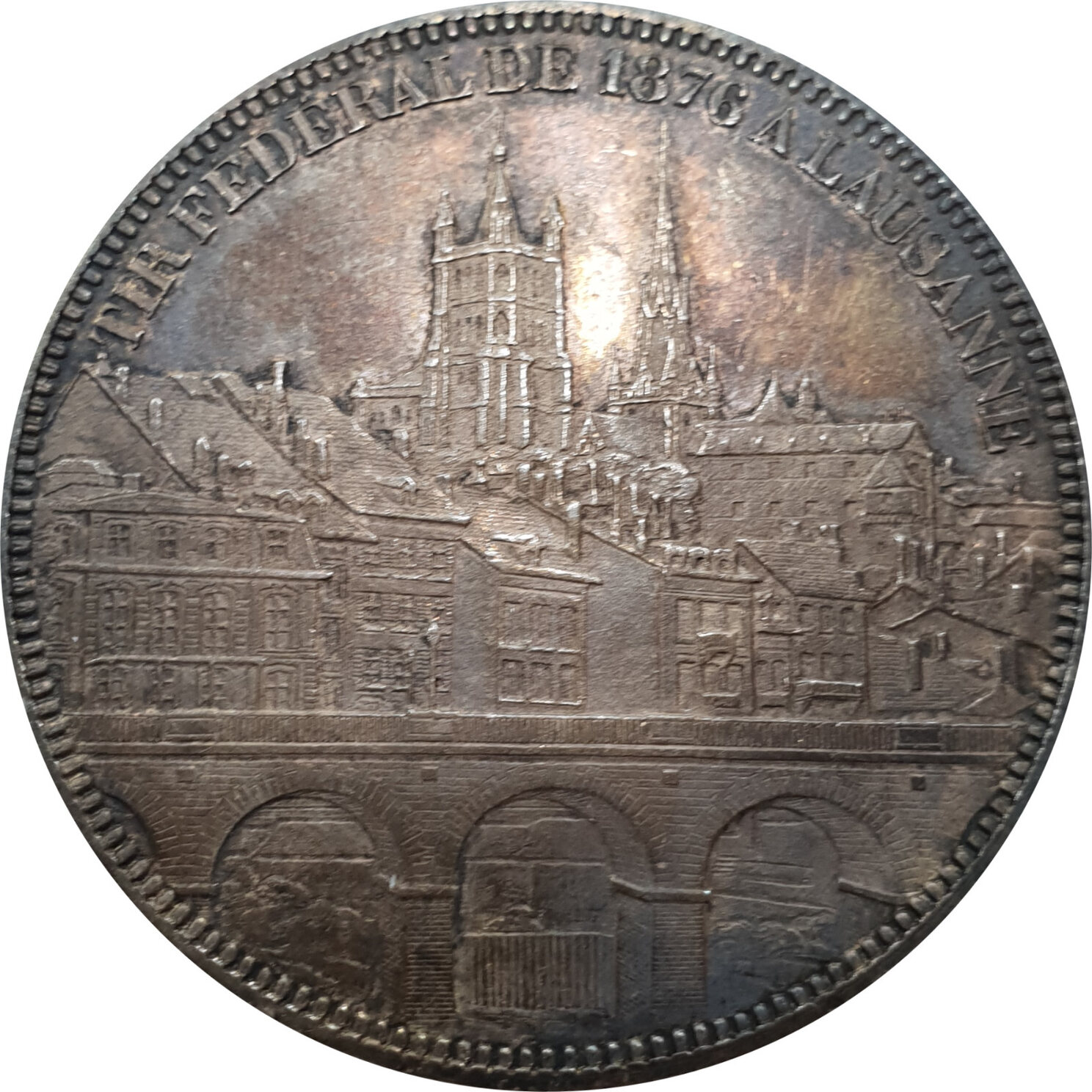 5 Francs 1876 Switzerland Lausanne Shooting Taler Silver City View Unc ...