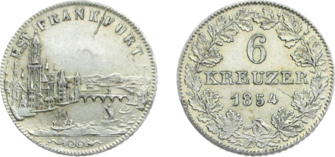 6 Kreuzer 1854 Frankfurt Unc Silver Coin City View Germany German State ...