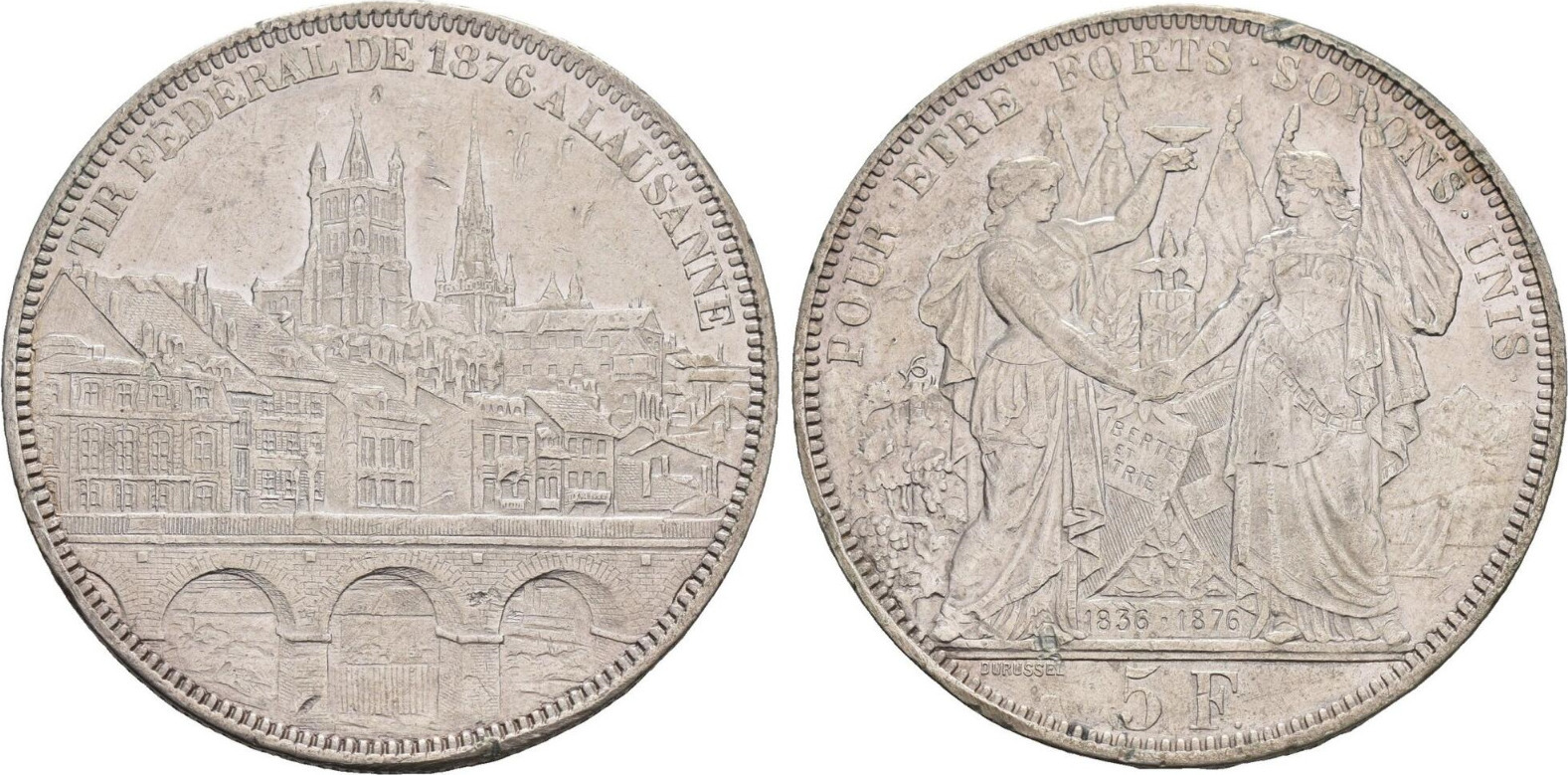 5 Francs 1876 Switzerland Lausanne Shooting Taler Silver City View Unc ...
