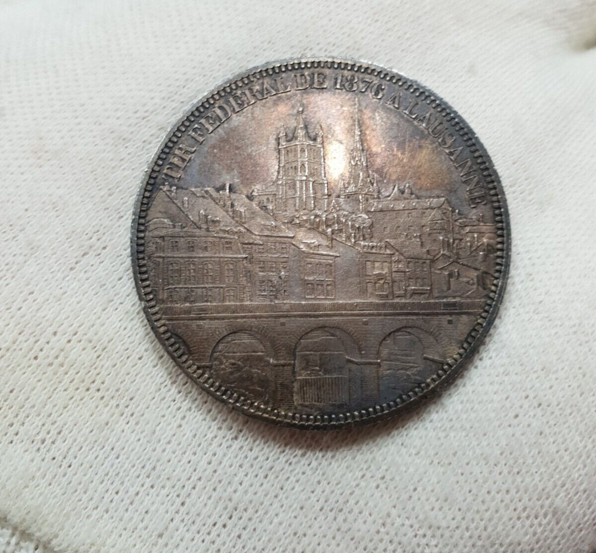 5 Francs 1876 Switzerland Lausanne Shooting Taler Silver City View Unc ...