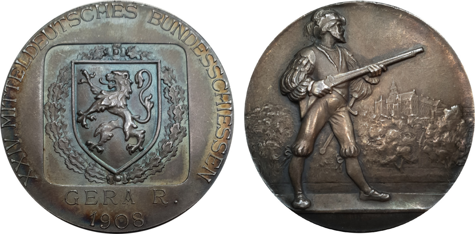 Medal 1908 Reuss Gera Shooting Unc Silver City View Jaeger Germany ...