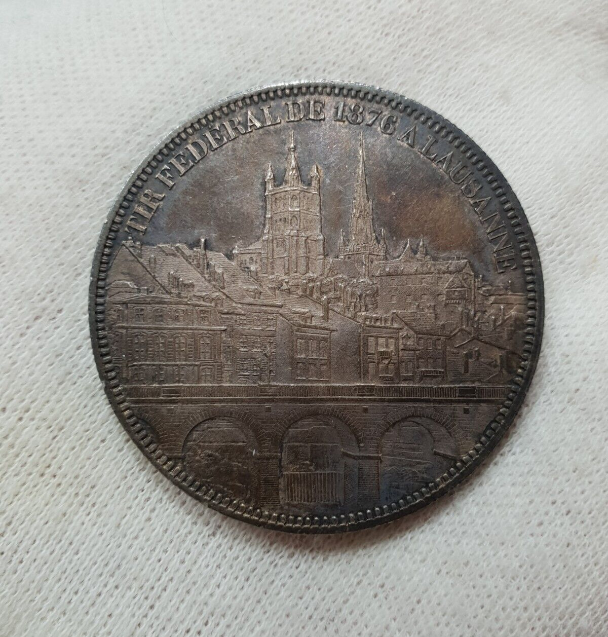 5 Francs 1876 Switzerland Lausanne Shooting Taler Silver City View Unc ...