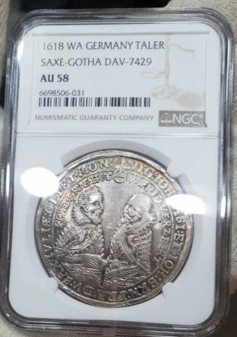 58 1 Taler 1618 NGC Saxe Old Gotha AU- Silver Knight Rider Coin Germany ...