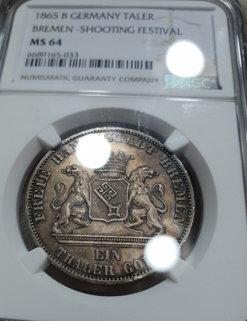 64 1 Thaler 1865 NGC Bremen MS- Shooting Festival Silver Germany German ...