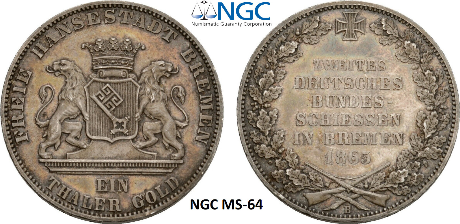 64 1 Thaler 1865 NGC Bremen MS- Shooting Festival Silver Germany German ...