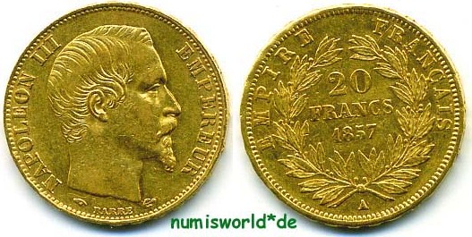 Frankreich 20 Francs 1857 Mzz. A, Napoleon III. 1852-1870, 6,44 g/900 Gold, S282, winz. Rf.,vz ...