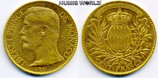 Monaco 100 Francs 1901 Mzz. A, Fürst Albert I. 1889-1922, 32,32 g/900 ...