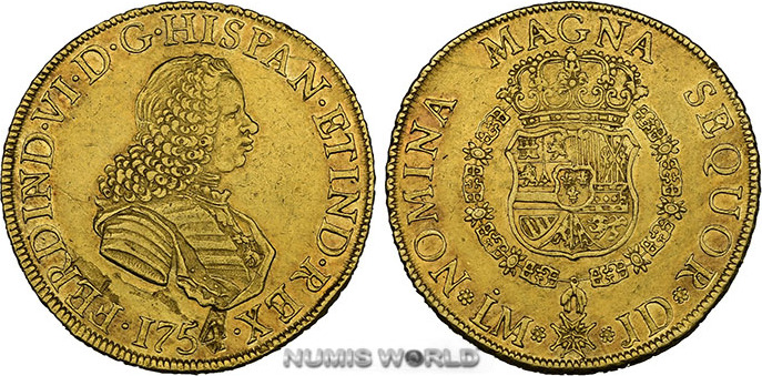 Peru, 8 Escudos 1754, LM JD, Lima; Ferdinand VI. 1746-1759m KM 59.1 Schrötlingsfehler 26,97 g ...