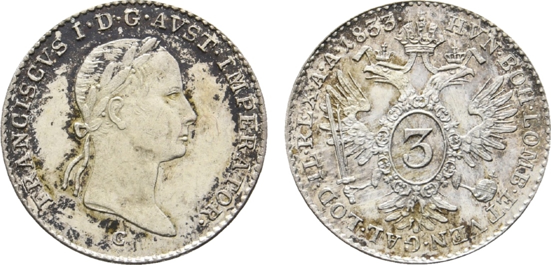 Haus Habsburg 3 Kreuzer 1833 C, Prag Franz II. (I.) 1792-1835 Patina. CH UNC | MA-Shops