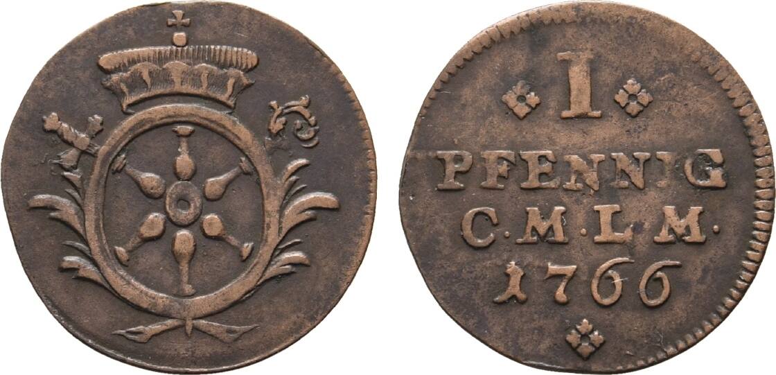Mainz, Erzbistum Cu Pfennig 1766 Erfurt Emmerich Joseph von Breitbach ...