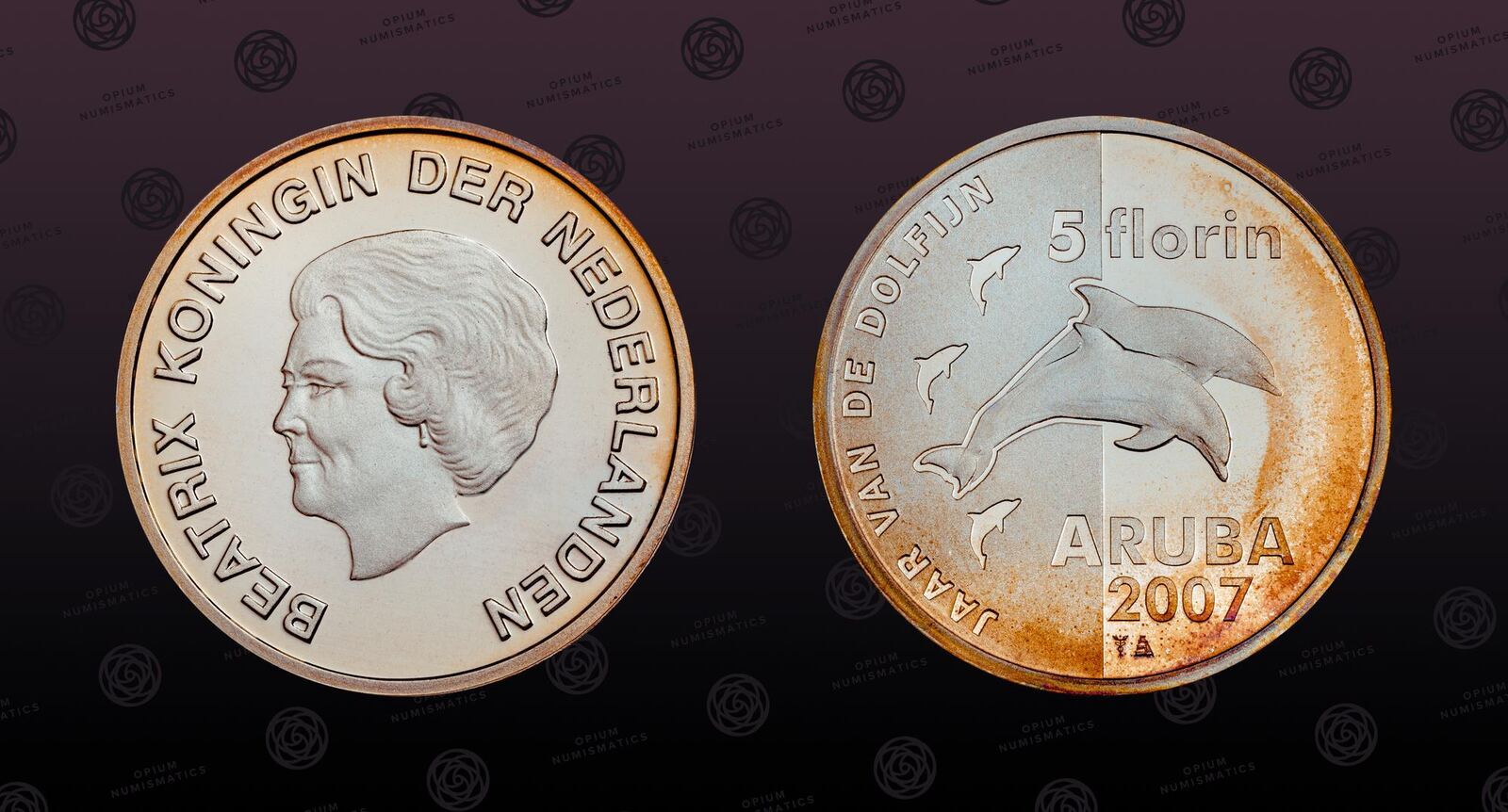 ARUBA, KM# 41, Silver, 5 Florin, 2007, Proof, Year of the Dolphin - 2 ...