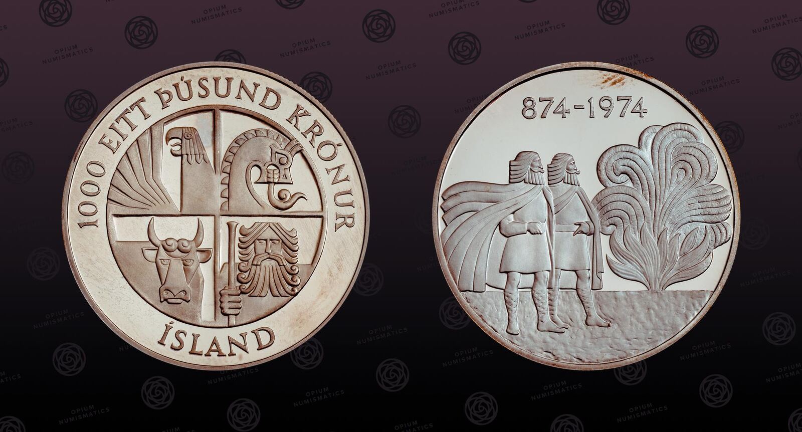 ICELAND, KM# 21, Silver, 1000 Kronur, 1974, Proof, 1100th Anniversary ...