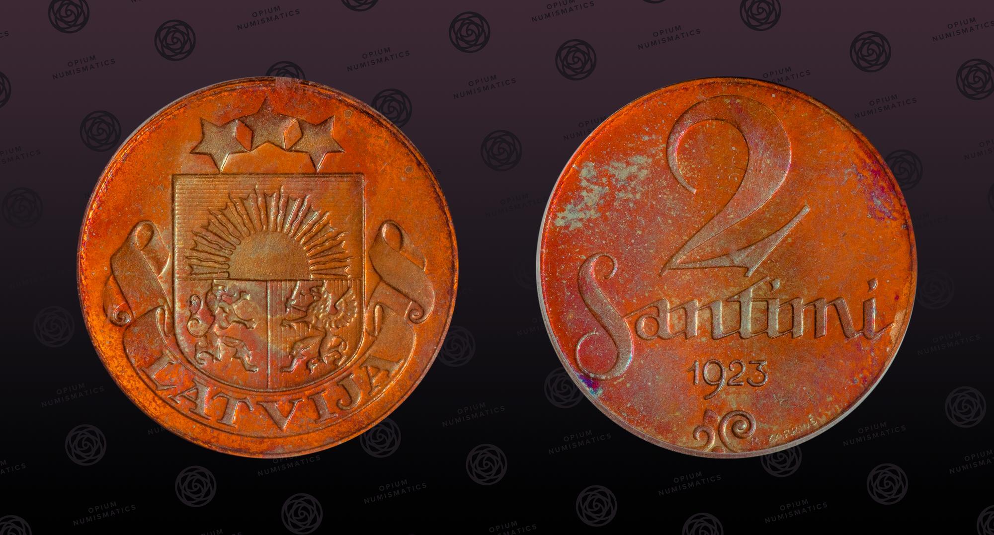 LATVIA, KM# 2, Bronze, 2 Santimi, 1923, Mint Strike, Very rare coin in ...