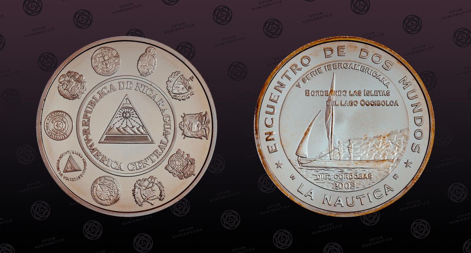 NICARAGUA, KM# 100, Silver, 10 Cordobas, 2002, Proof, Sailing ship La ...