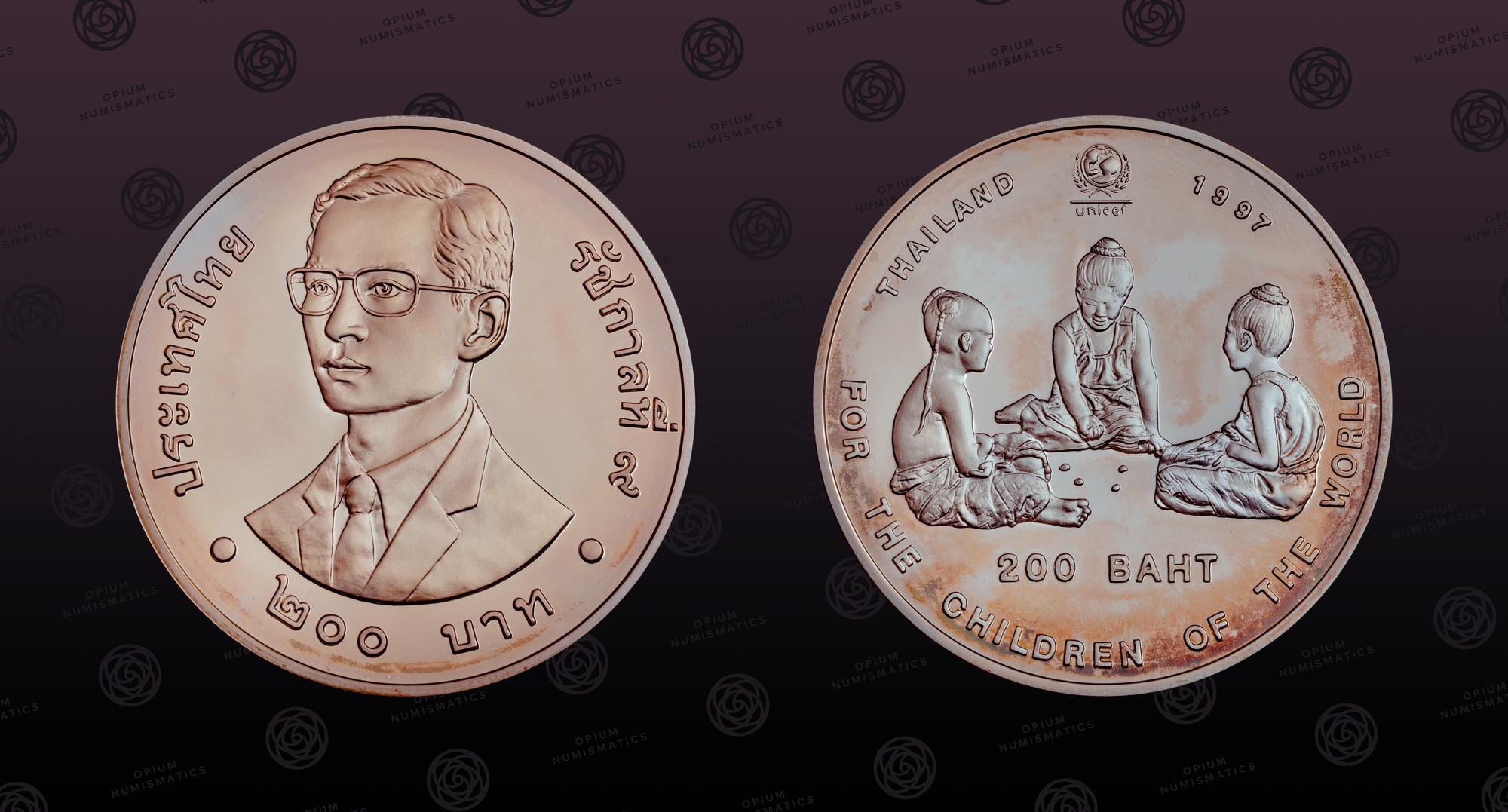THAILAND, Y# 379, Silver, 200 Baht, 1997, Proof, Three seated children ...