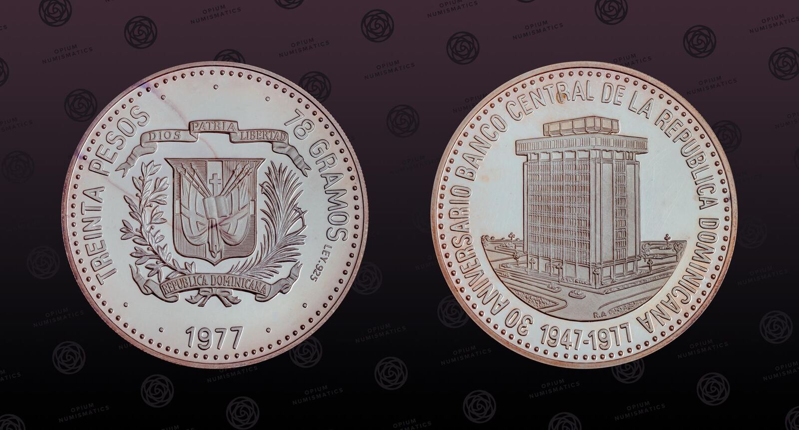 DOMINICAN REPUBLIC, KM# 46, Silver, 30 Pesos, 1977, Proof, 30th ...