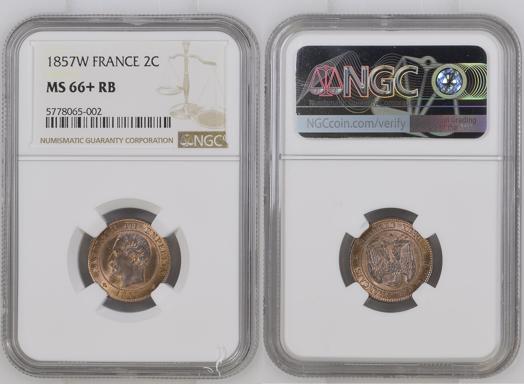 FRANCE 2C 1857 W Napoleon III (1852-1870) NGC MS 66+ RB Top Population ...