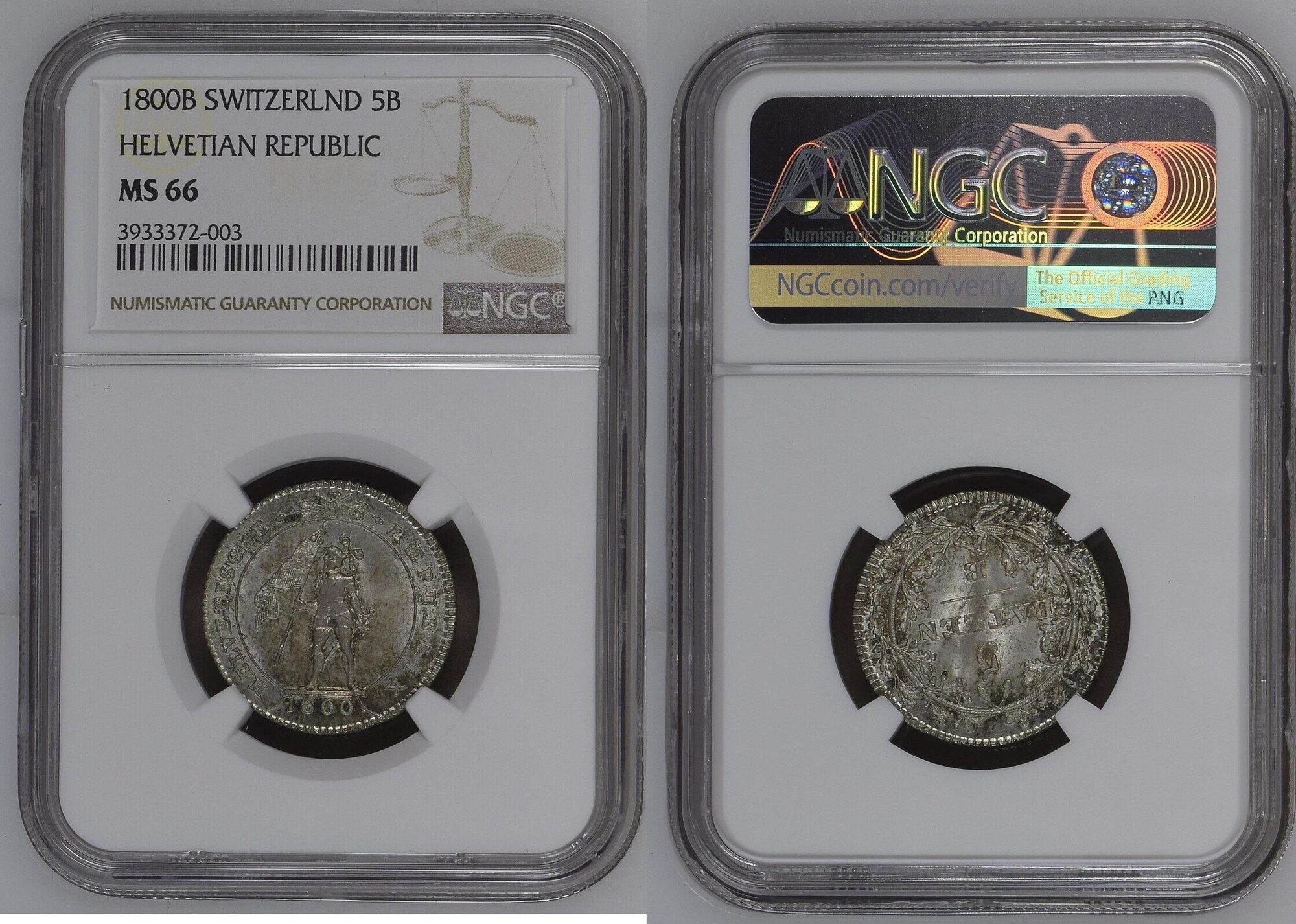 SWITZERLAND 5 Batzen 1800 Bern Helvetian Republic. 1798-1803 NGC MS 66 ...